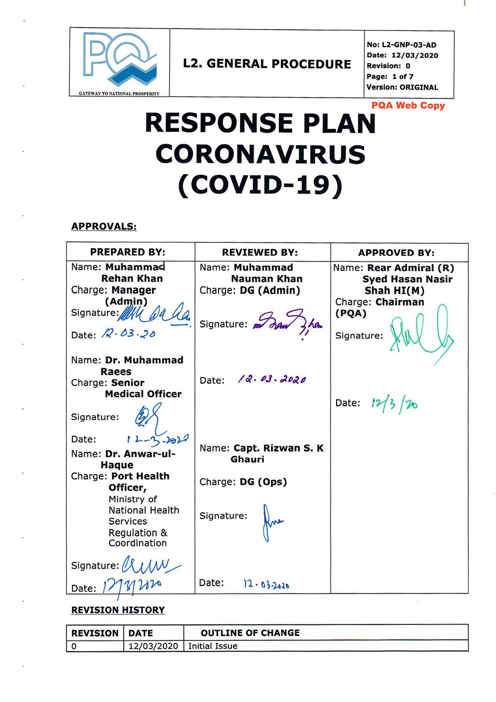 Response Plan Coronavirus (COVID-19) | Port Qasim Authority - PQA