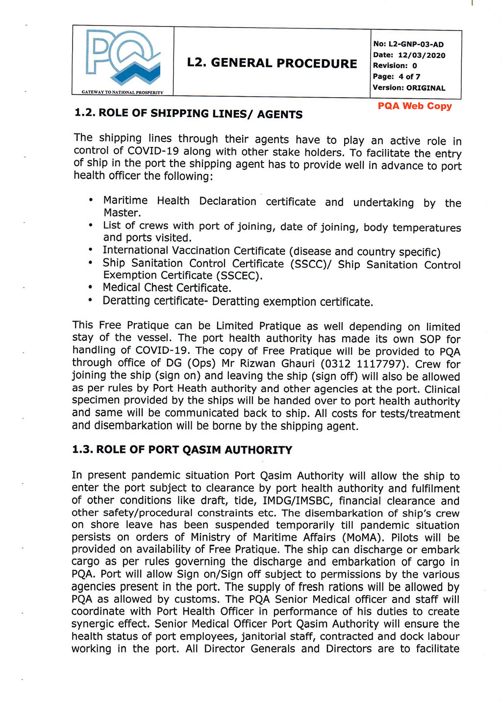 Response Plan Coronavirus (COVID-19) | Port Qasim Authority - PQA